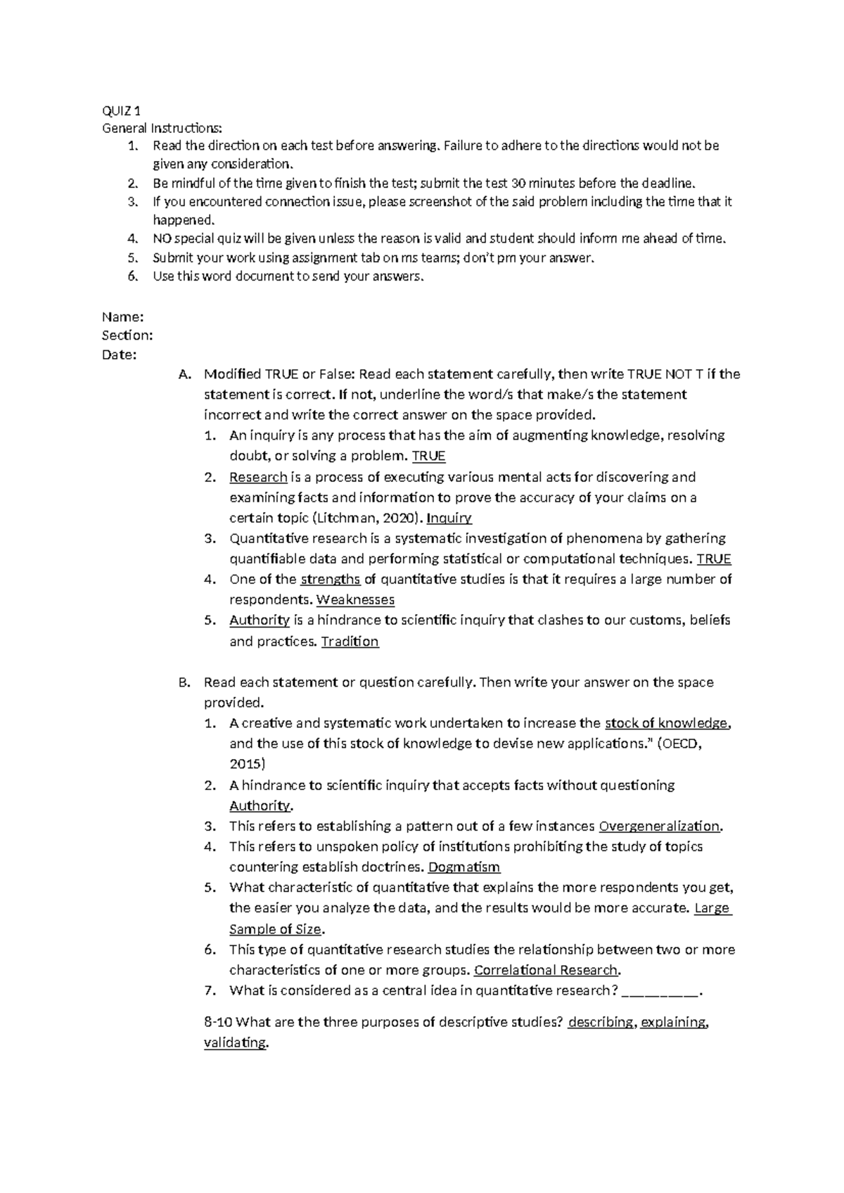 PR2-Quiz-1 - Practical Research 2 Quiz - QUIZ 1 General Instructions: 1 ...