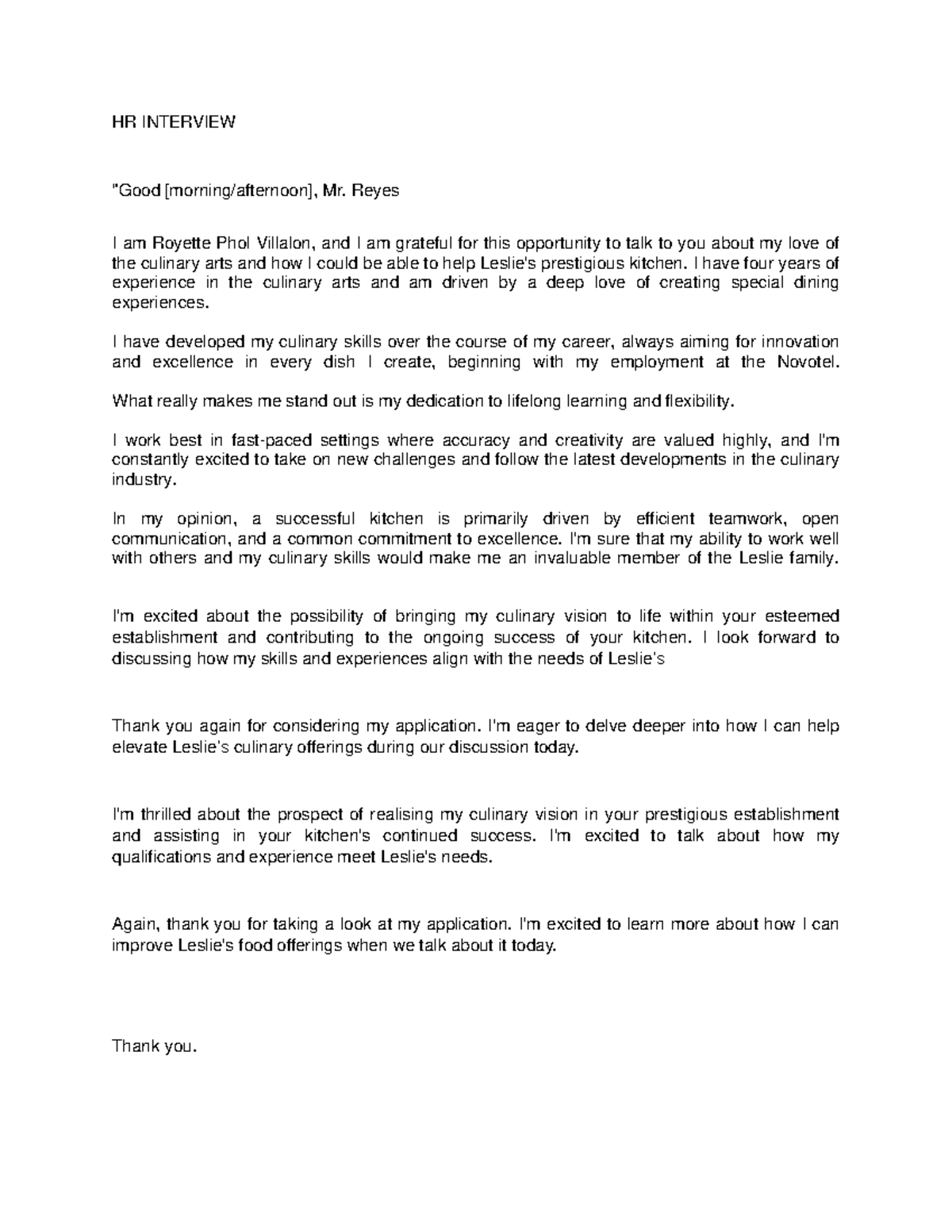 HR Introudction Script - HR INTERVIEW "Good [morning/afternoon], Mr ...