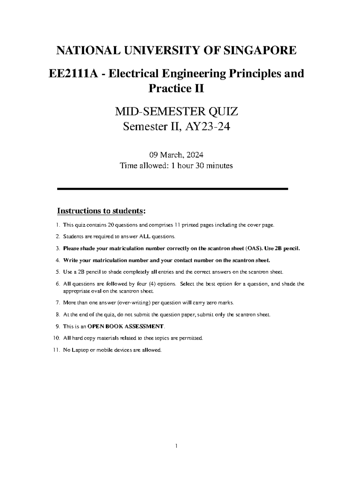 EE2111A Quiz1 Correct Answer - NATIONAL UNIVERSITY OF SINGAPORE EE2111A - Electrical Engineering ...
