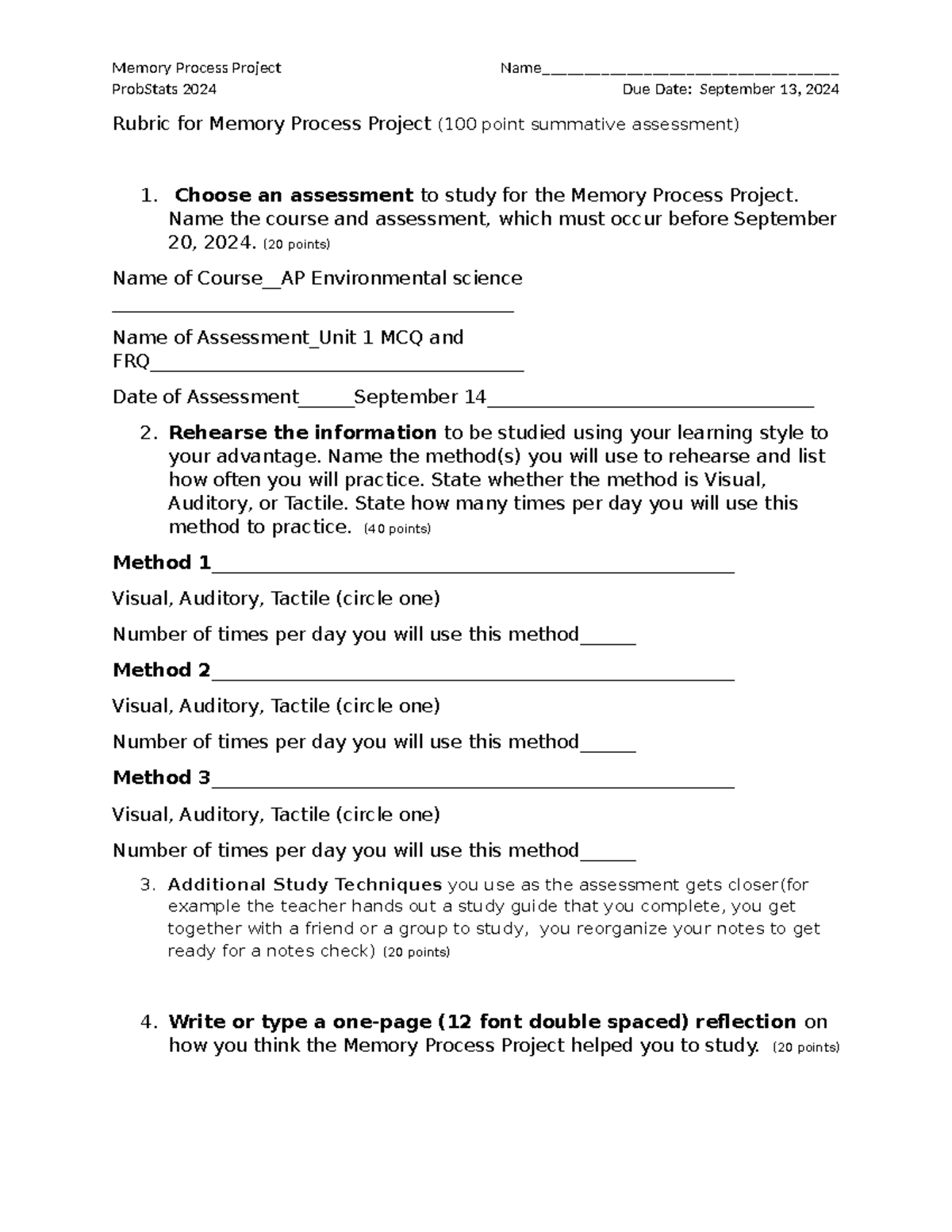 Rubric for Memory Process Project - Choose an assessment to study for ...