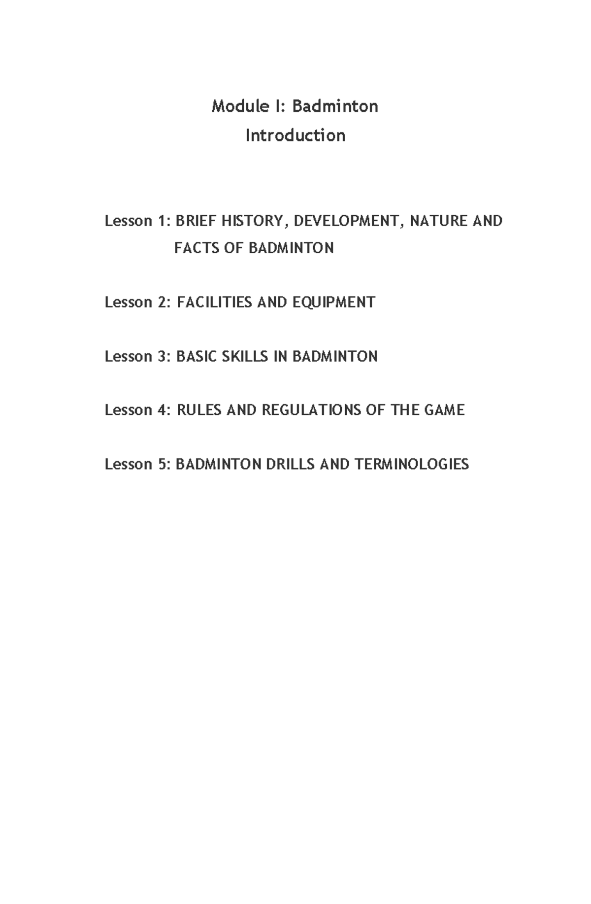 Module 1 Lesson 1-5.docx Badminton - Module I: Badminton Introduction ...