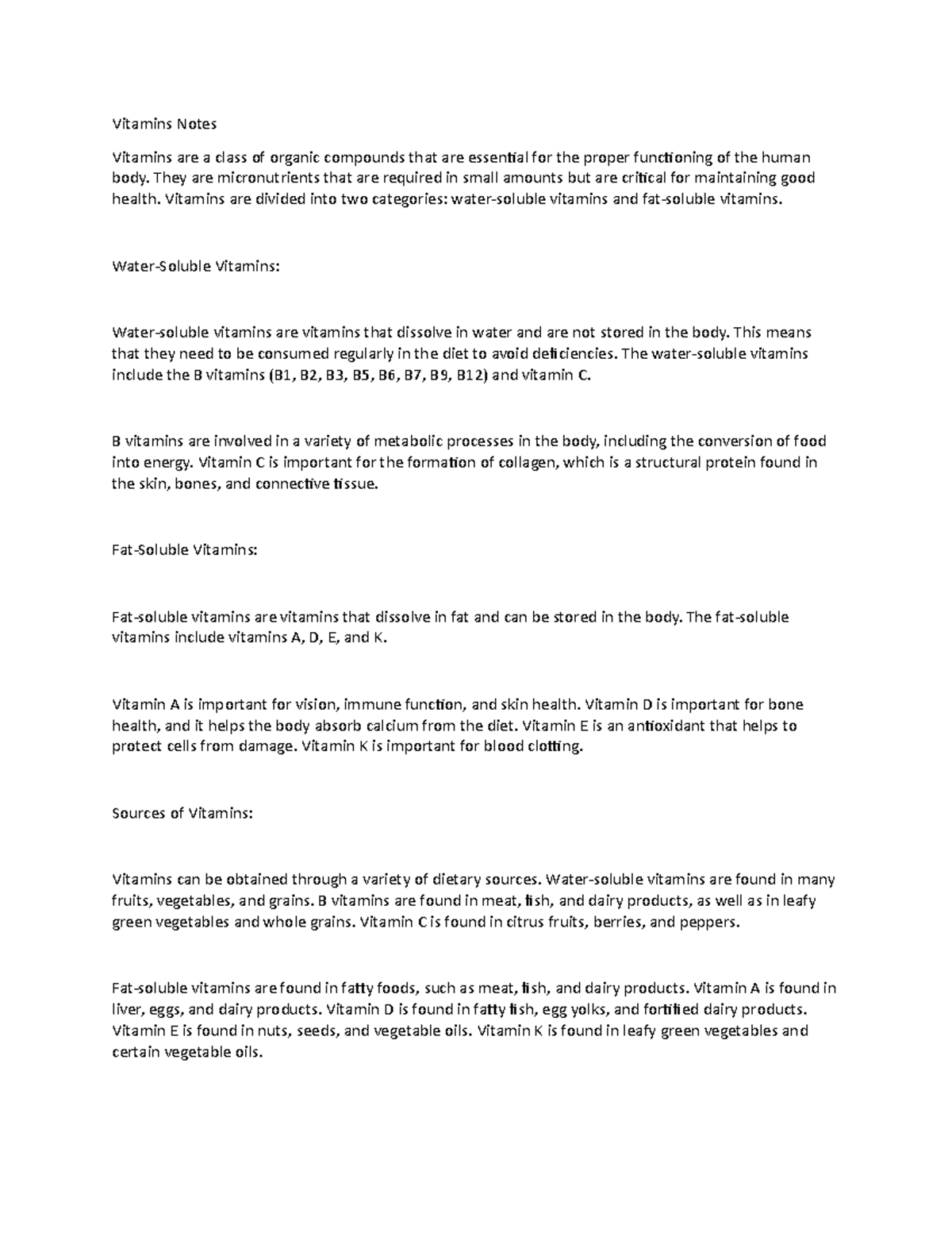 Vitamins Notes - Vitamins Notes Vitamins are a class of organic ...