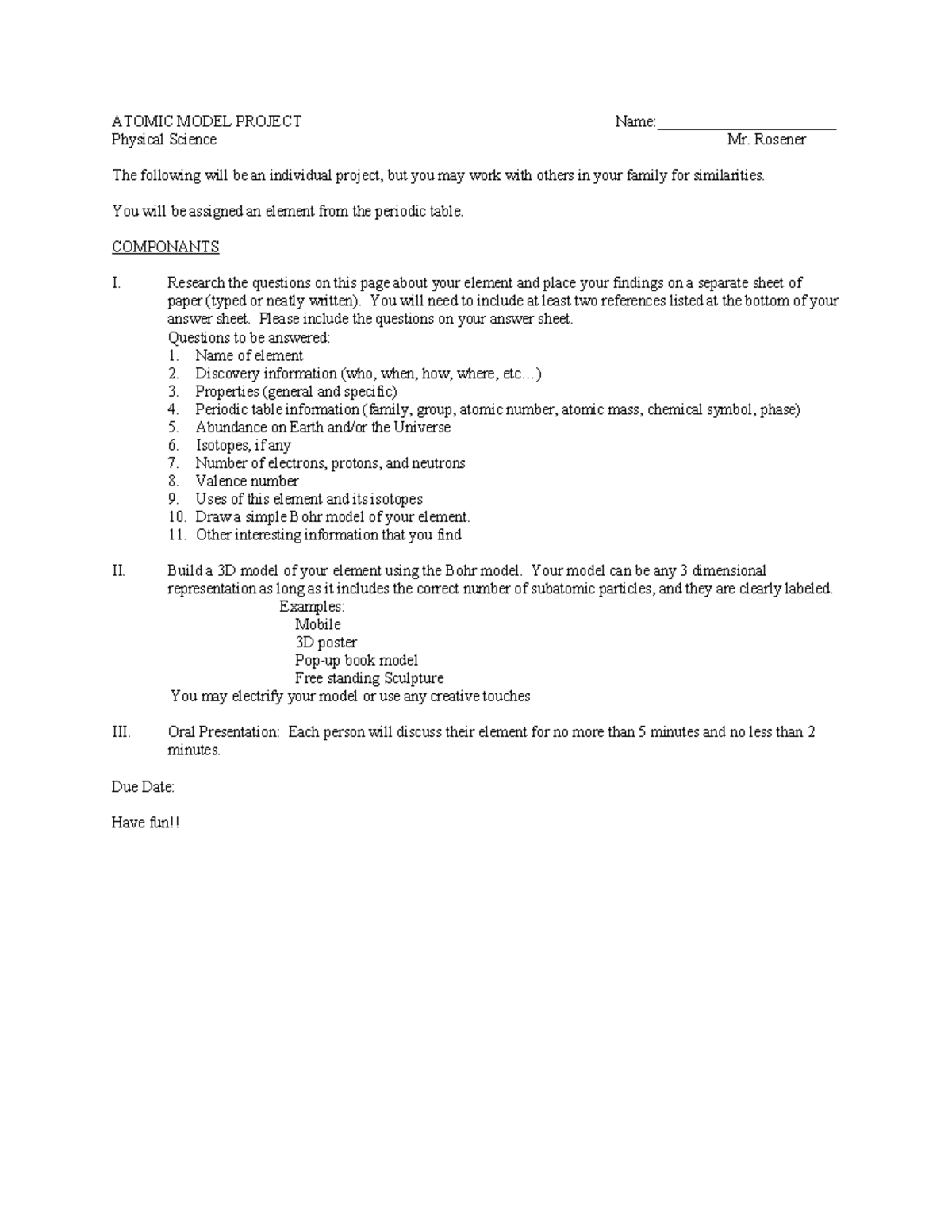 Element Project - ATOMIC MODEL PROJECT Name ...