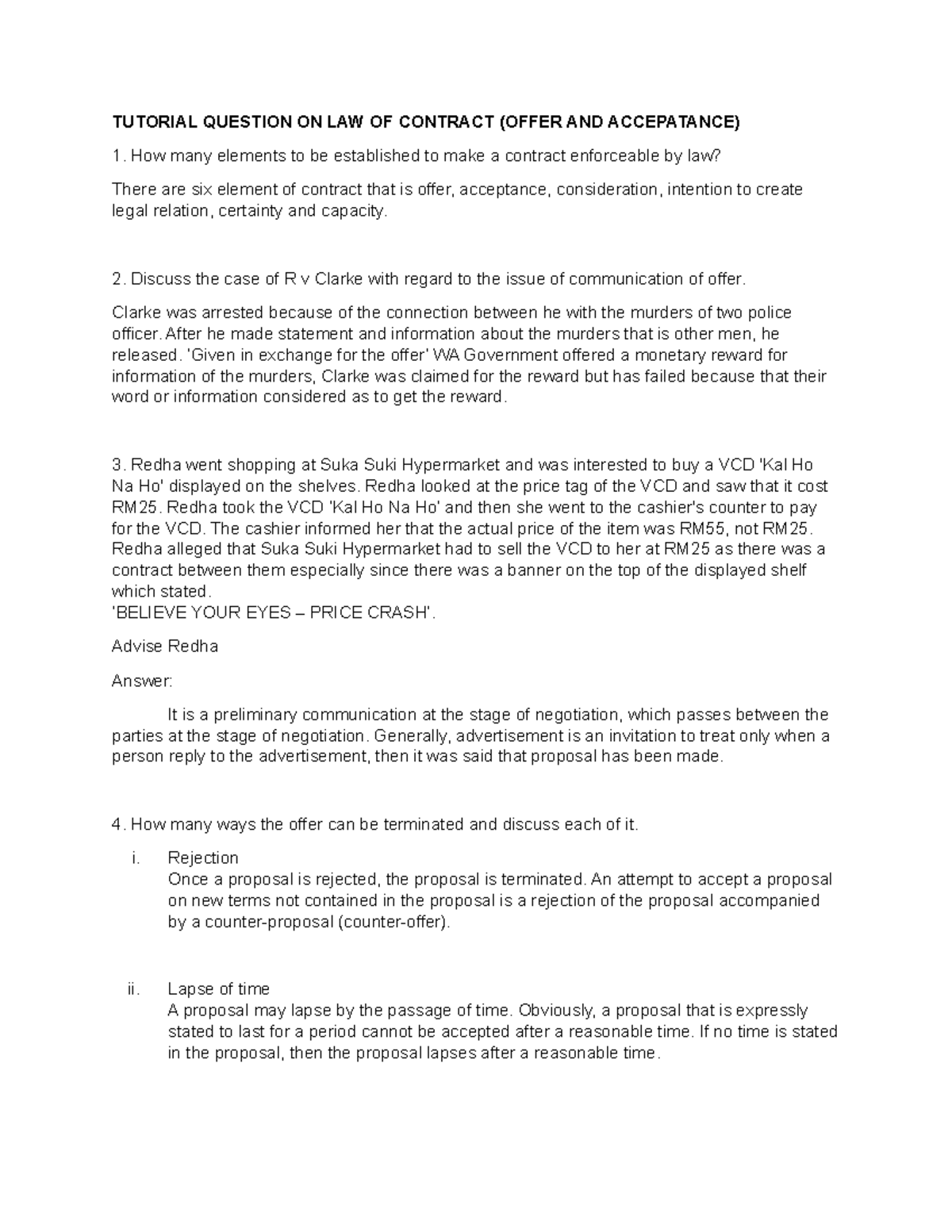 Tutorial Question ( Edward) - TUTORIAL QUESTION ON LAW OF CONTRACT ...