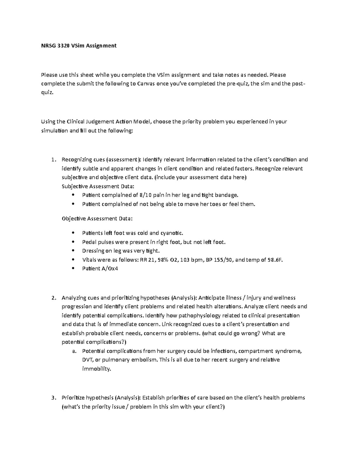 Marylin Hughes VSIM discussion - NRSG 3320 VSim Assignment Please use ...