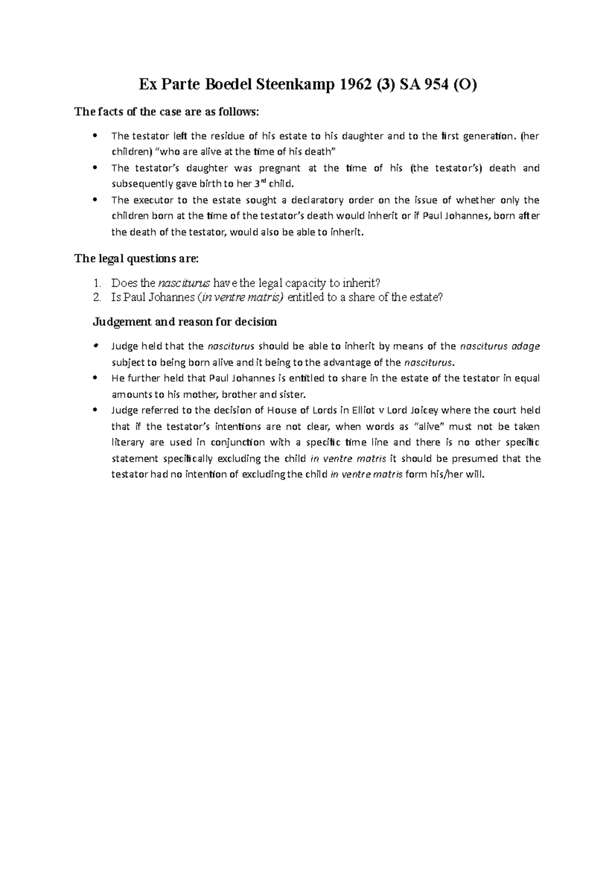 Cases for law of persons - Ex Parte Boedel Steenkamp 1962 (3) SA 954 (O ...