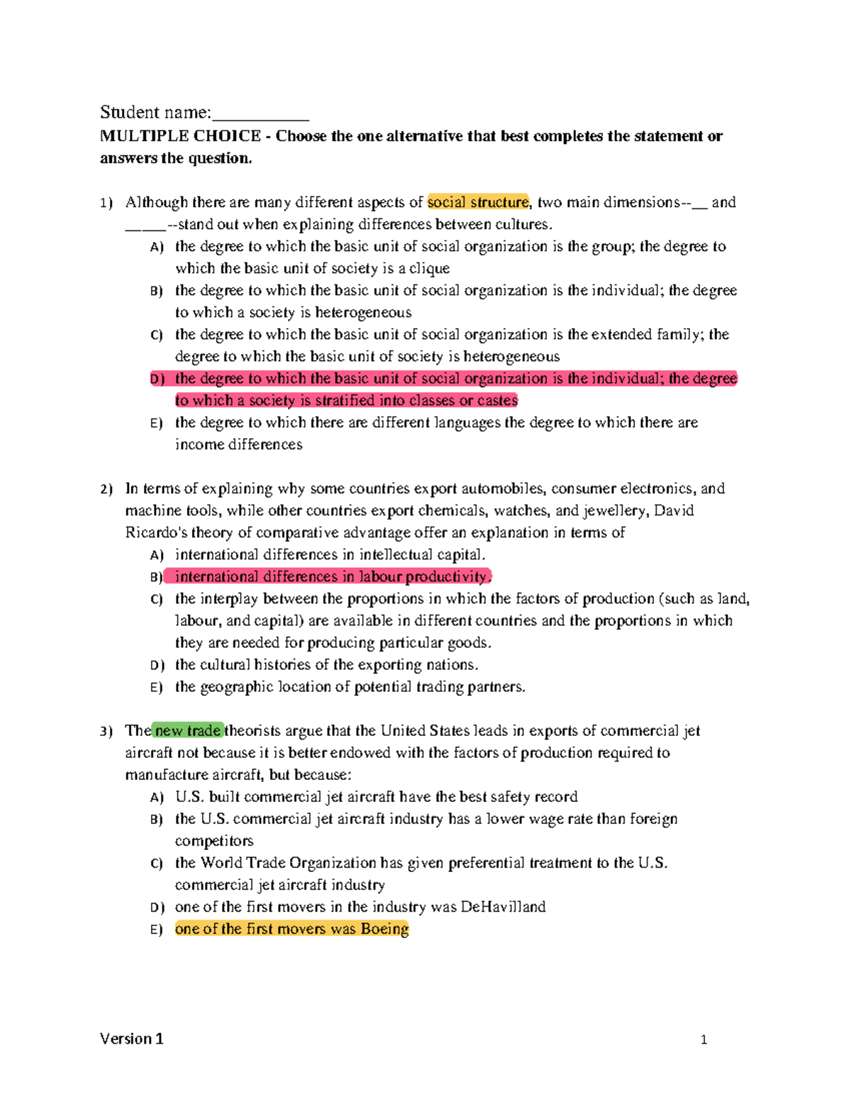 Practice Test - Student name:__________ MULTIPLE CHOICE - Choose the ...