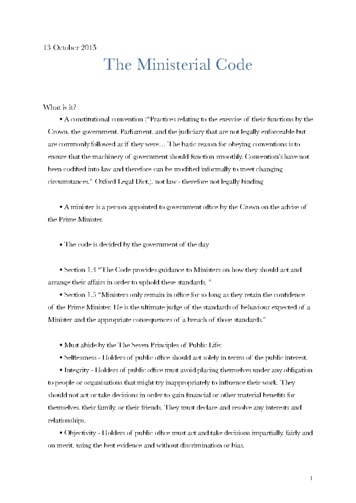 The Ministerial Code - Lecture notes 1 - 13 October 2015 The ...