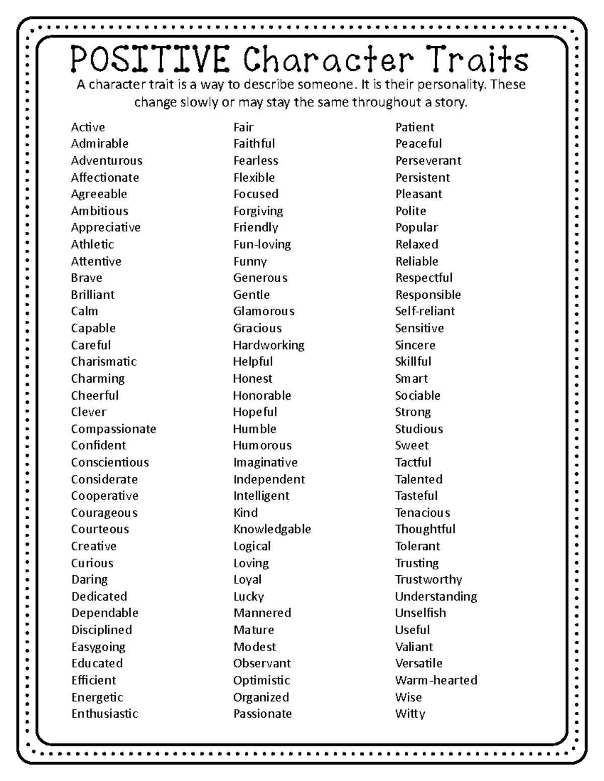 Character Traits - It is their personality. These change slowly or may ...