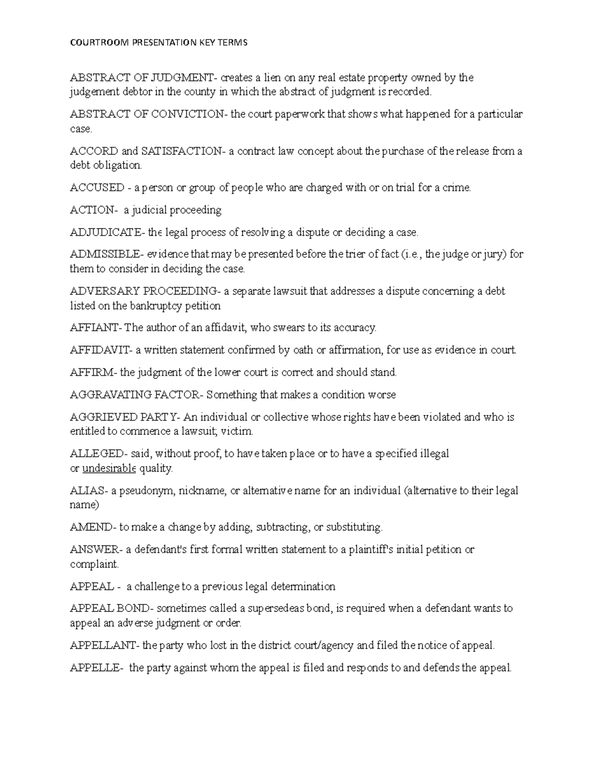 Courtroom Presentation KEY Terms - ABSTRACT OF JUDGMENT- creates a lien ...