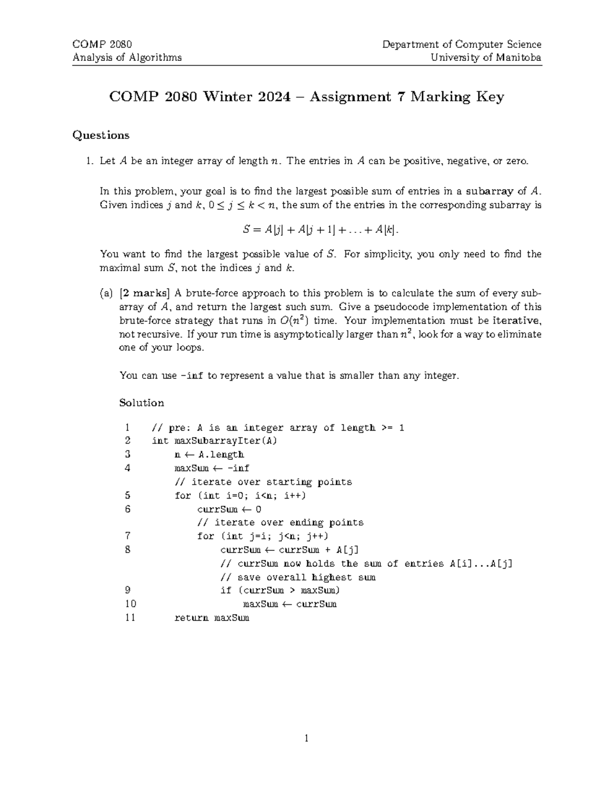 Comp2080 A7 Winter 2024 Sol Analysis Of Algorithms University Of Manitoba Comp 2080 Winter