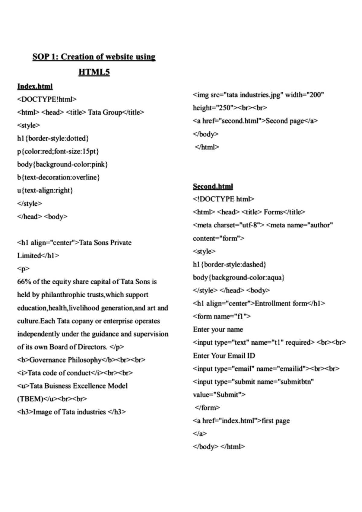 IT code HTML - Skip it not imp - SOP 1: Creation of website using HTMLS ...