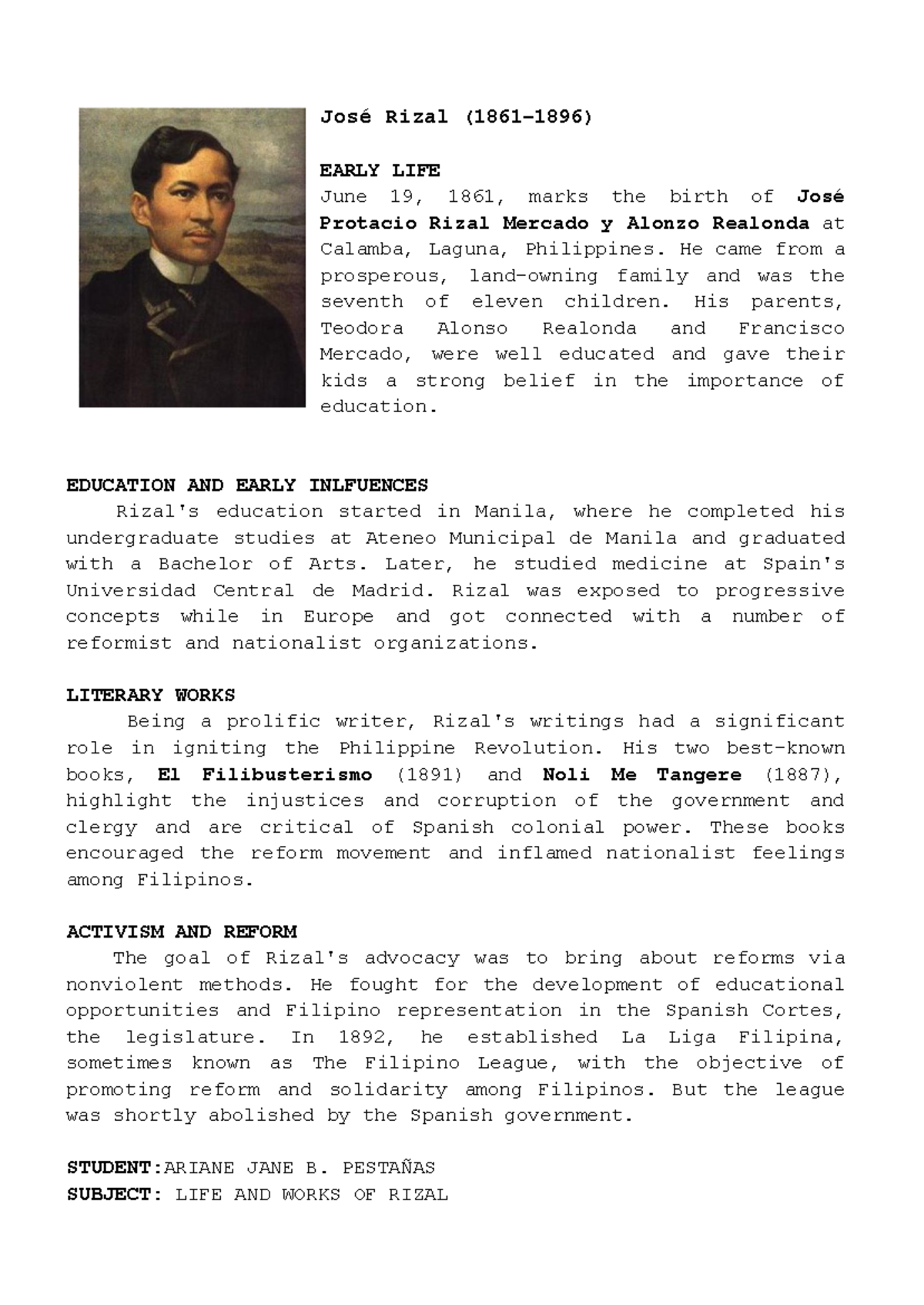 JR Biography - review - José Rizal (1861–1896) EARLY LIFE June 19, 1861 ...