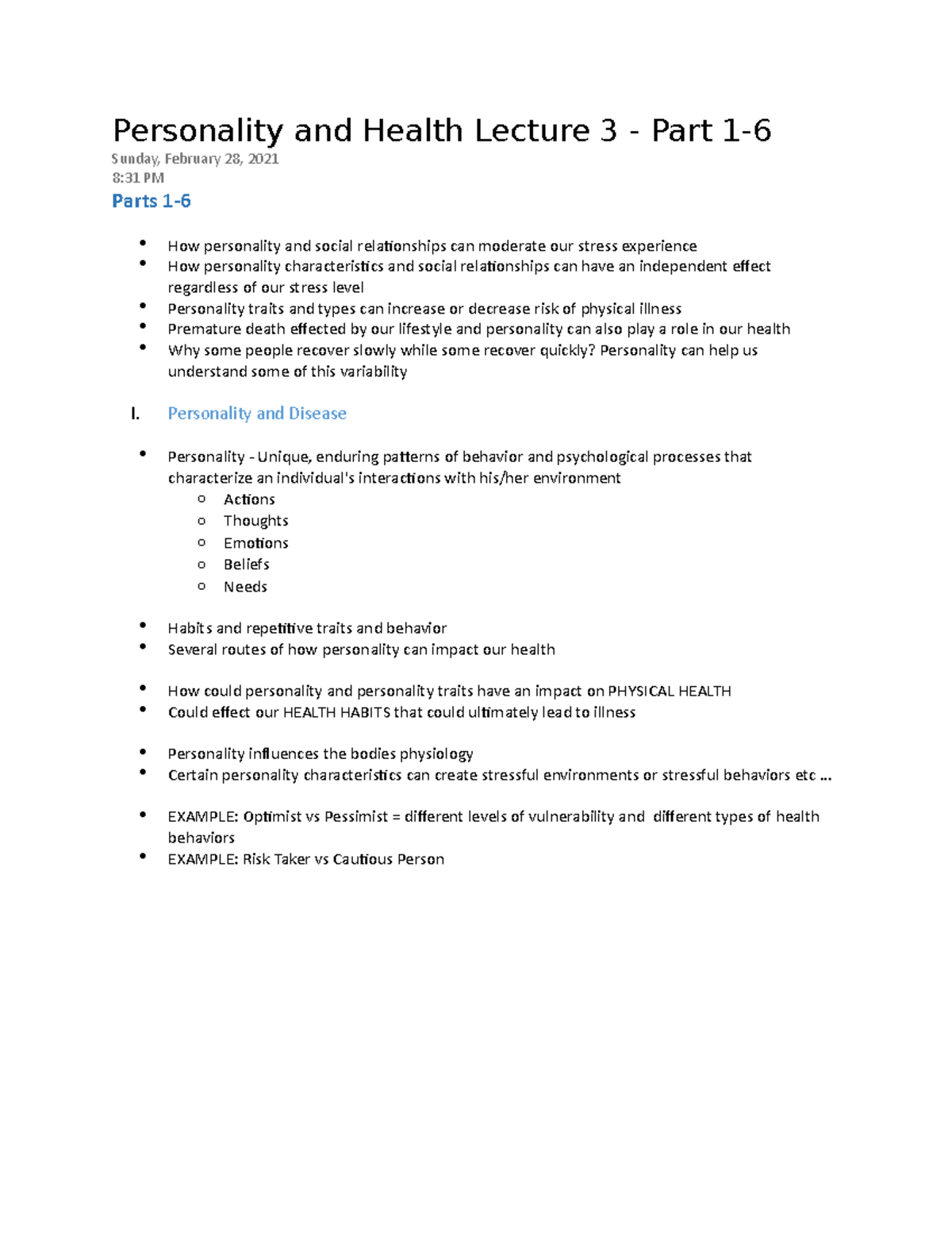 Personality and Health Lecture 3 - Part 1-6 - Personality and Disease Personality - Unique ...
