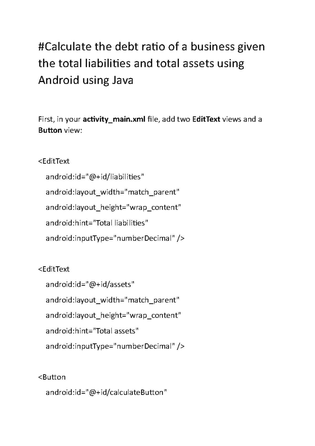 Total Assets Using Android Using Java Calculate The Debt Ratio Of A Business Given The Total