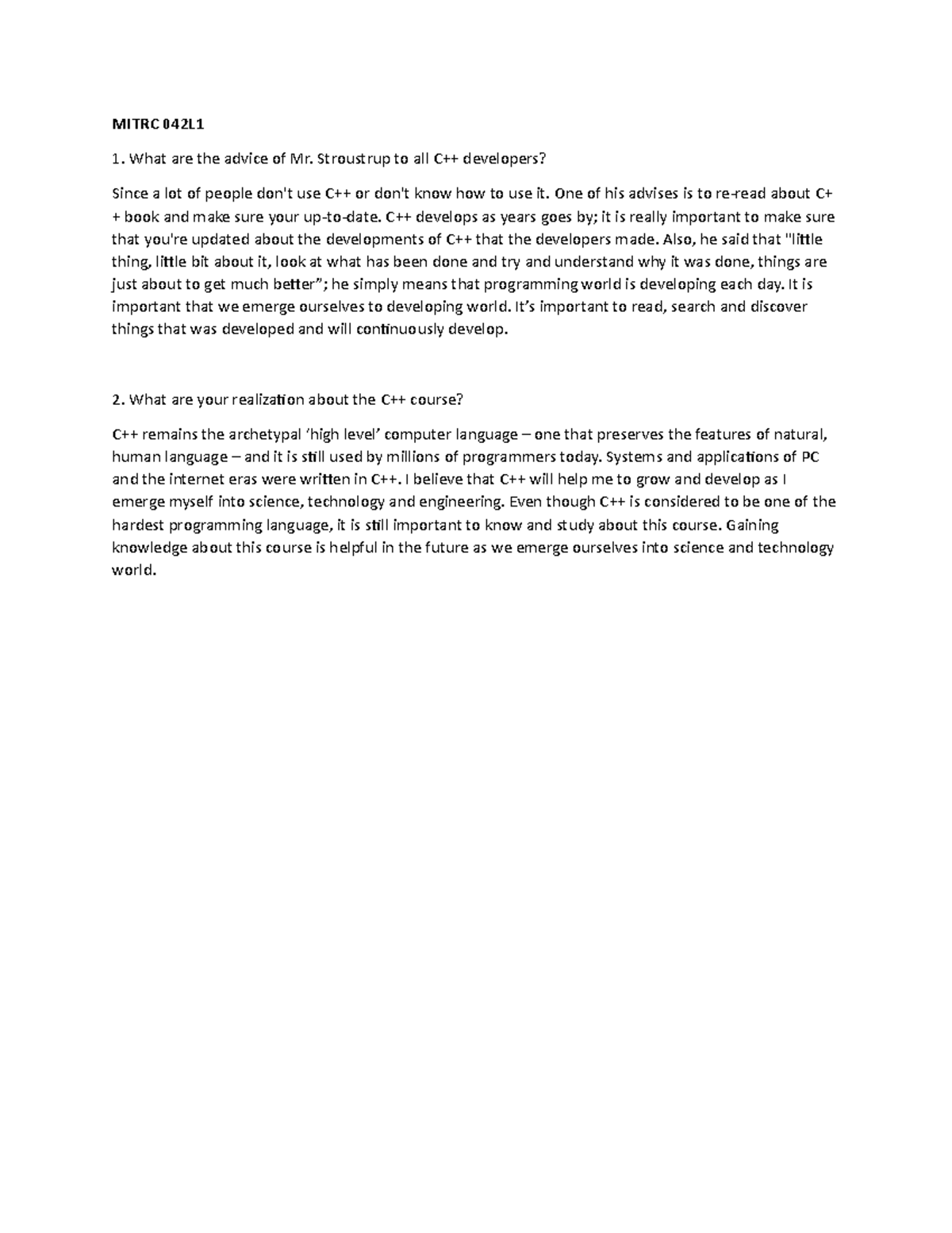 MITRC 042L1-Assignment#1 - Computer Programming - TIP - Studocu