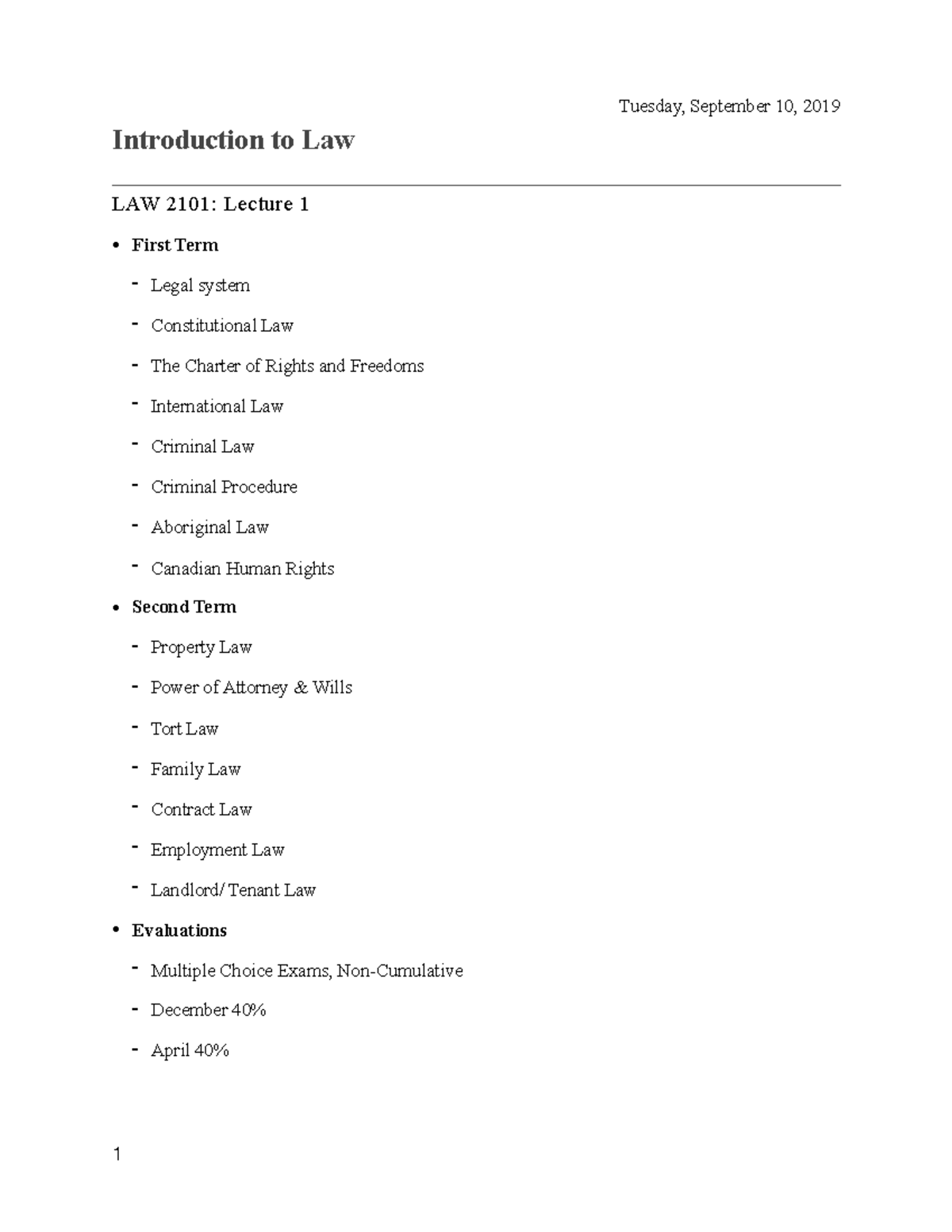 Introduction to Law- Lecture 1 - Introduction to Law Tuesday, September ...