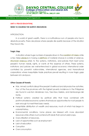 Week-11 - ir2 - UNIT 4: PEACE EDUCATION WEEK 11: CARING FOR THE EARTH ...