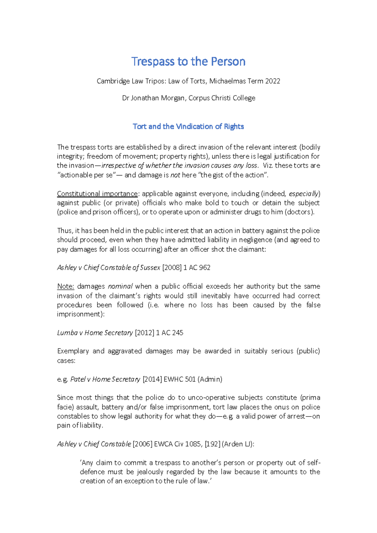 Trespass to person MT22 - Trespass to the Person Cambridge Law Tripos ...