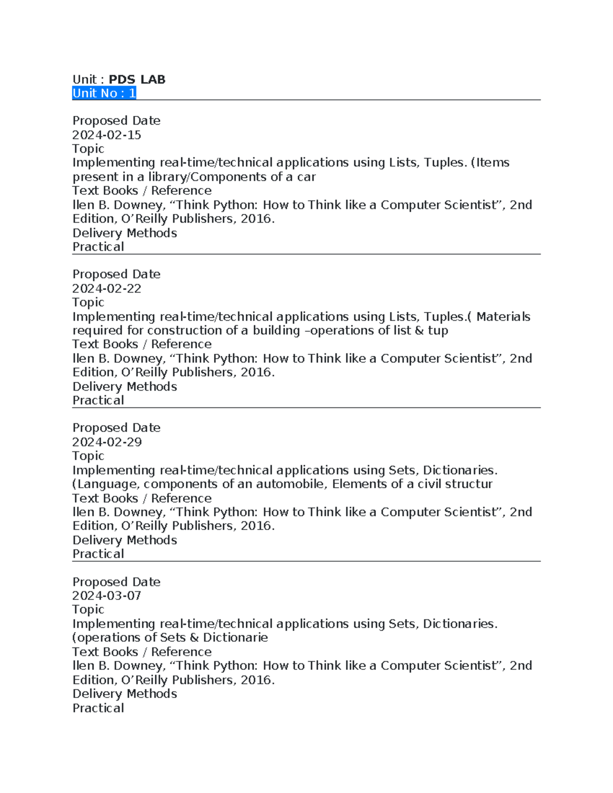 Python for Data Science Laboratory (AD23221 ) - Unit : PDS LAB Unit No : 1 Proposed Date 2024-02 ...