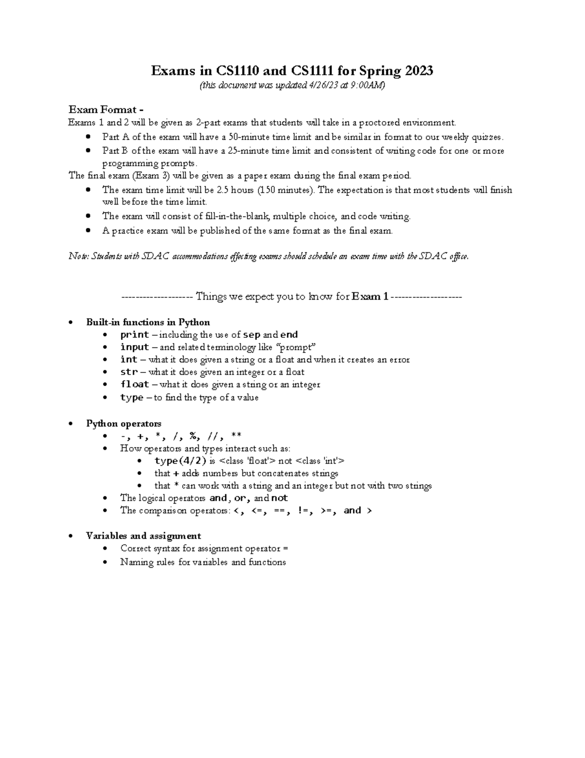 Study prep - All topics present on final exam - Exams in CS1110 and ...