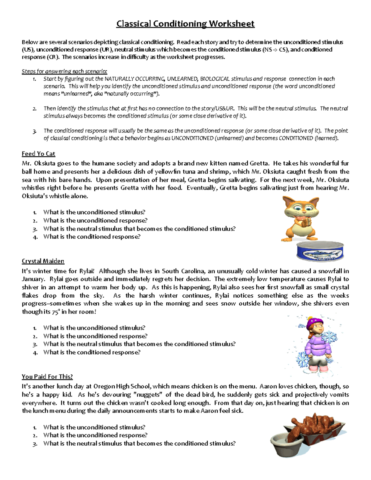 Classical Conditioning Worksheet - Read each story and try to determine ...