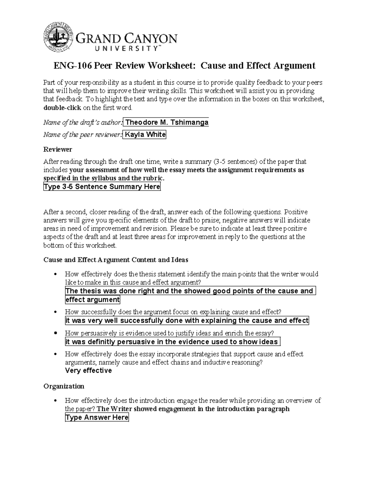 ENG106 Cause Effect Peer Review Worksheet - ENG-106 Peer Review ...