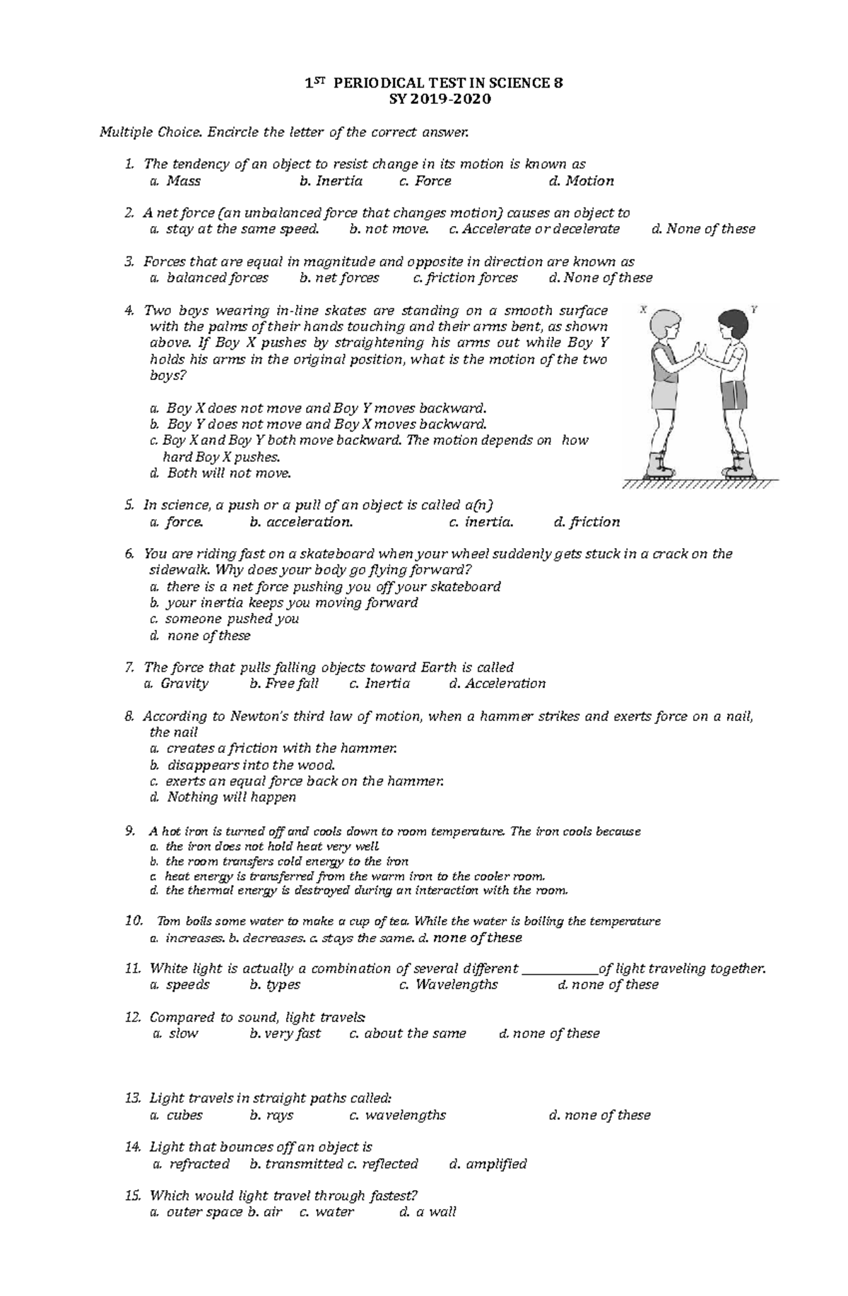 1st quarter exam science 8 - 1 ST PERIODICAL TEST IN SCIENCE 8 SY 2019 ...