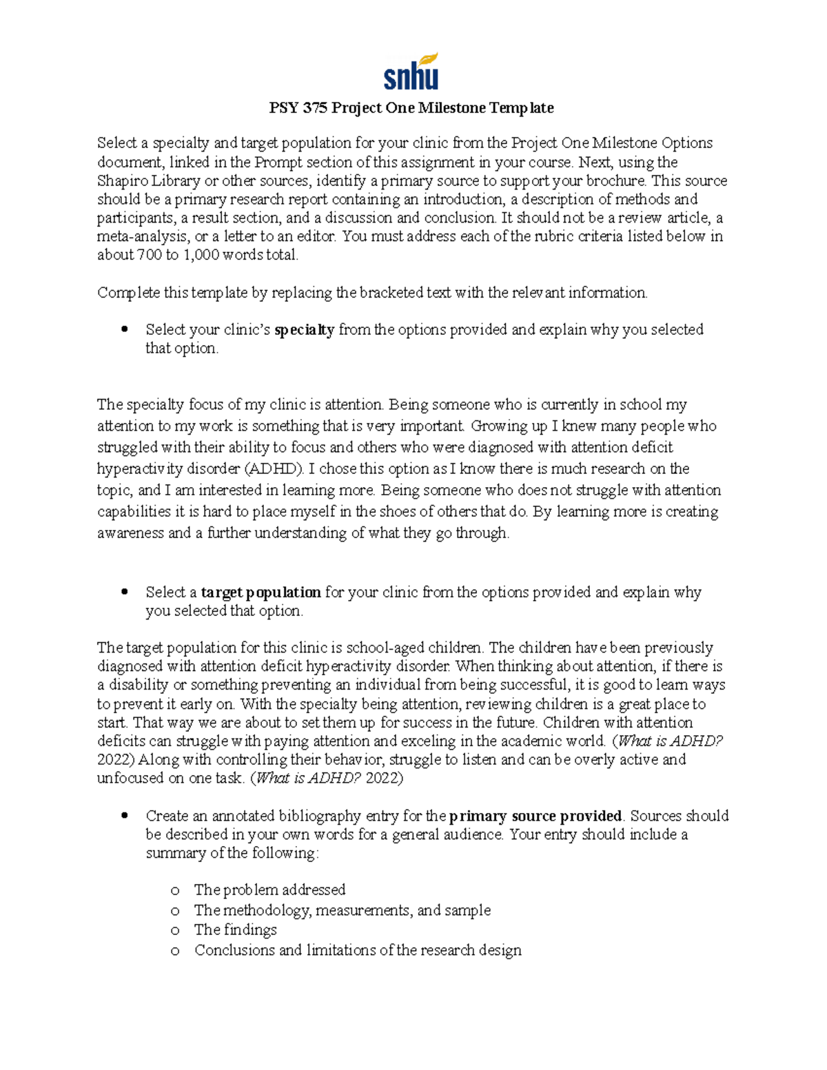 PSY 375 Project One Milestone Template - PSY 375 Project One Milestone ...