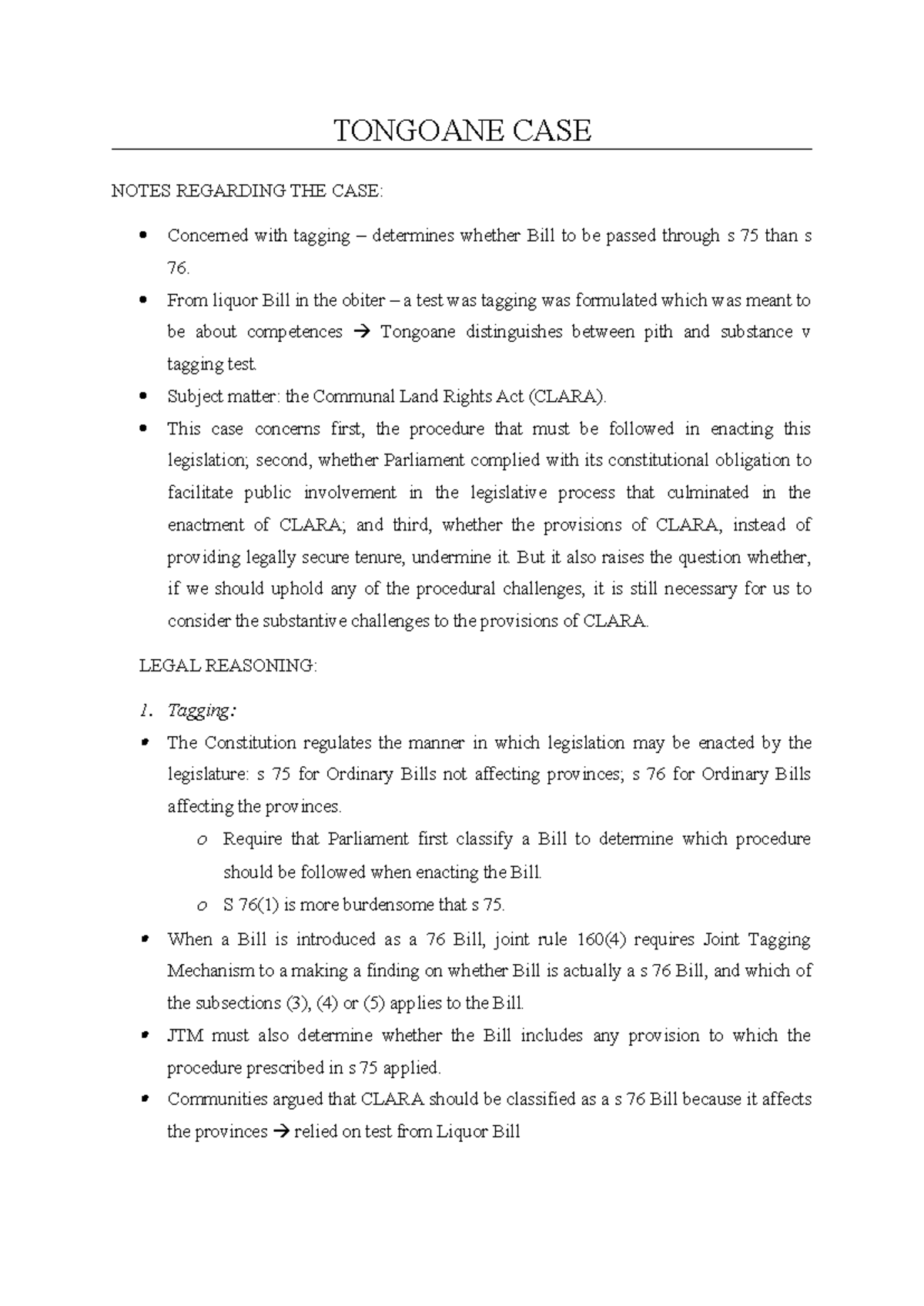 Tongoane Case Summary - TONGOANE CASE NOTES REGARDING THE CASE ...