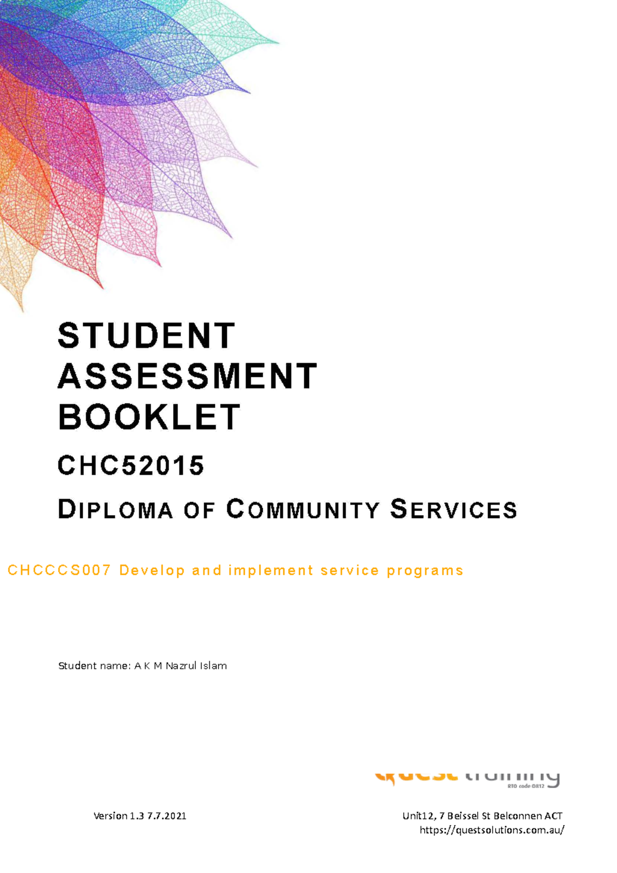 Chcccs 007 Student Assessment Booklet V1 - Version 1 7.7 Unit12, 7 Beissel St Belconnen ACT ...