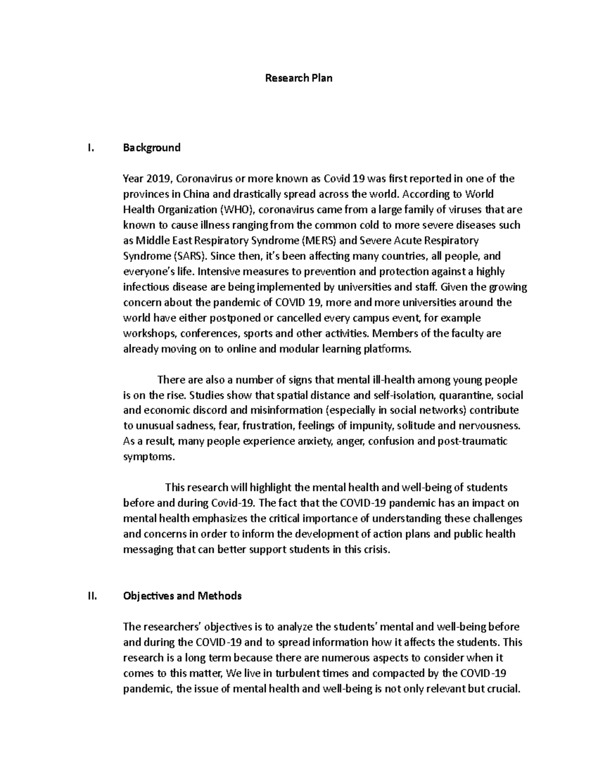 Week-2 - Research - Research Plan I. Background Year 2019, Coronavirus ...