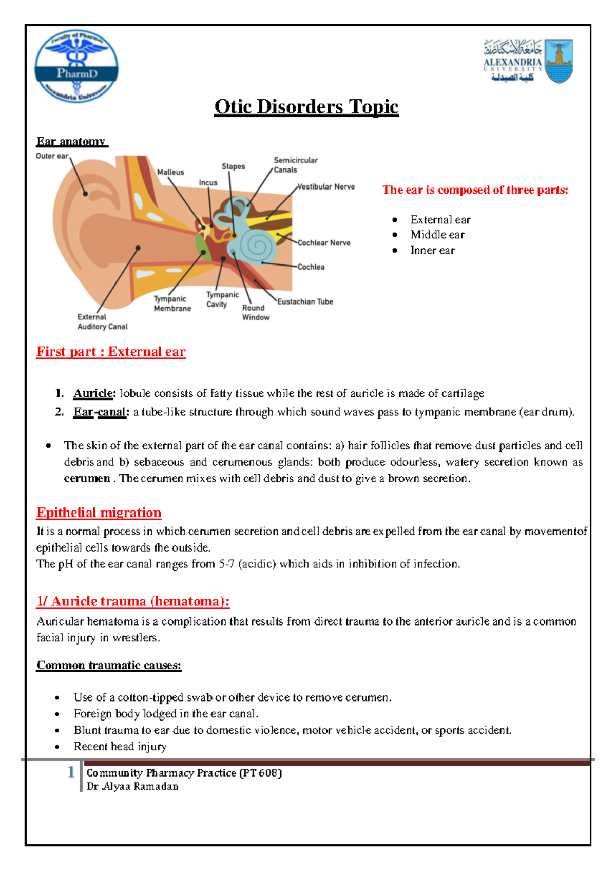 Otic Opthalmic disorders - 1 Community Pharmacy Practice (PT 608) Otic ...