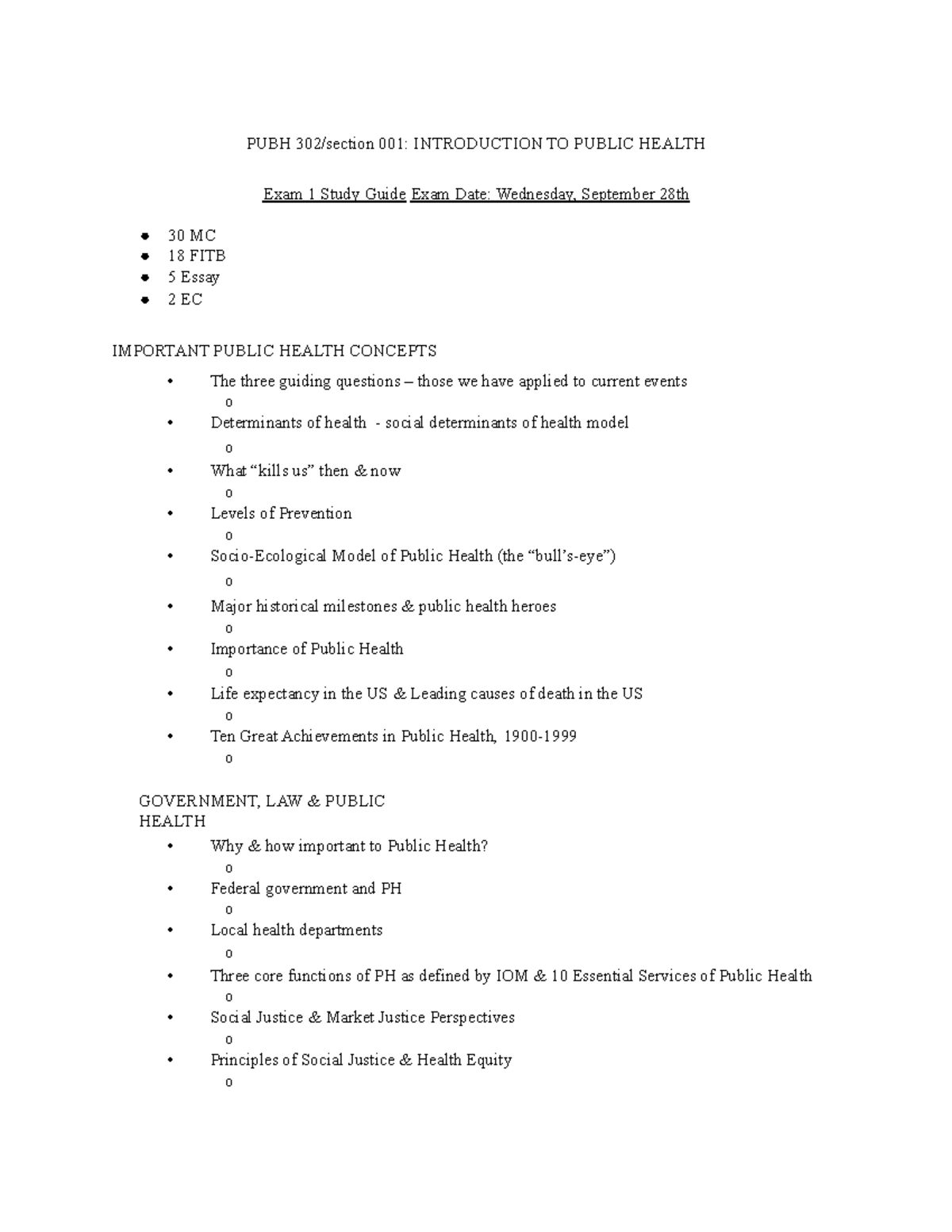 Untitled document - study guide - PUBH 302/section 001: INTRODUCTION TO PUBLIC HEALTH Exam 1 ...