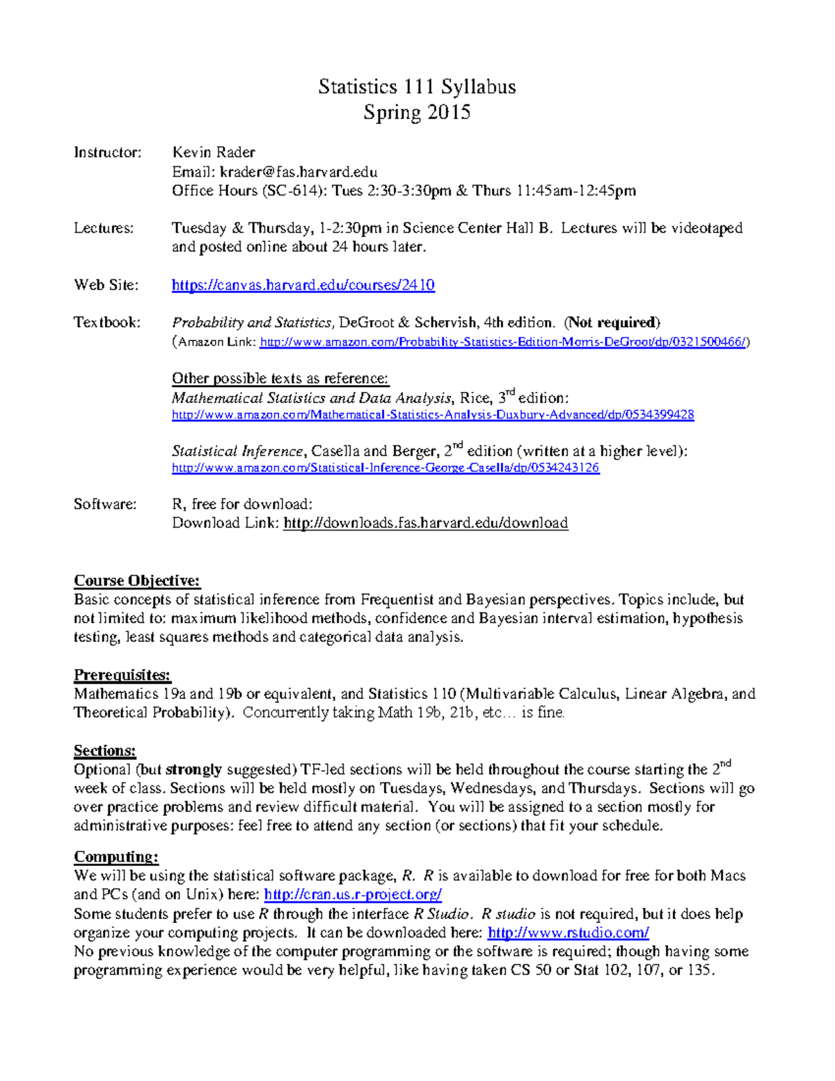 Stat 111 Syllabus - Spring 2015 - Statistics 111 Syllabus Spring 2015 ...