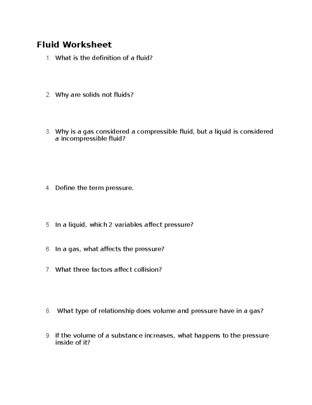 Fluid worksheet 2011 - Practice sheets - Fluid Worksheet 1. What is the ...