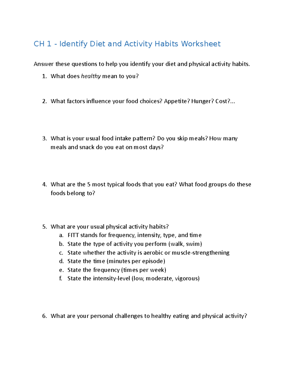 Ch 1 - Identify Diet and Physical Activity Habits Worksheet-1 - CH 1 ...
