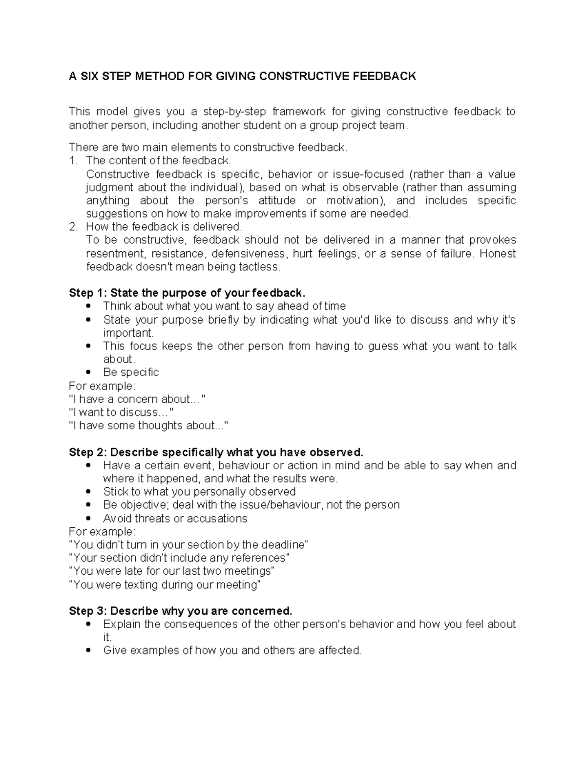 Six Step Model for Giving Constructive Feedback - A SIX STEP METHOD FOR ...