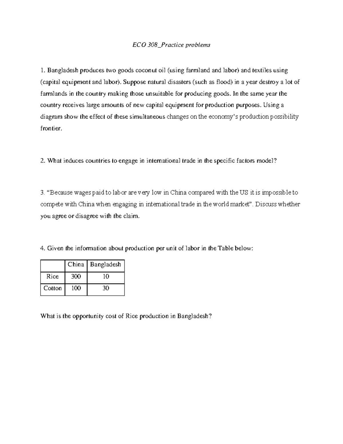 Practice problems - Practise questions from Chap 1- Chap 4 - ECO 308 ...