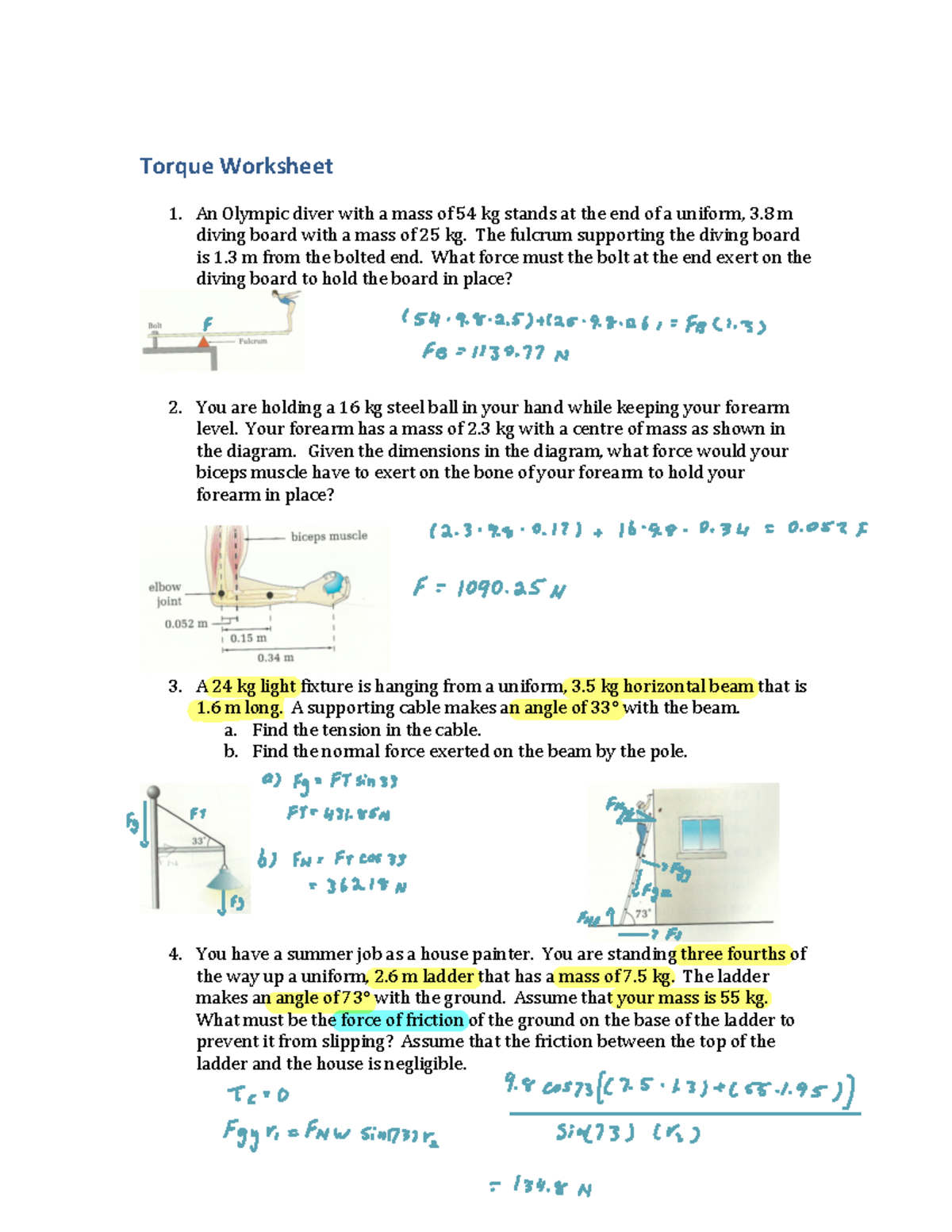 Work sheet - Torque Worksheet 1. An Olympic diver with a mass of 54 kg ...