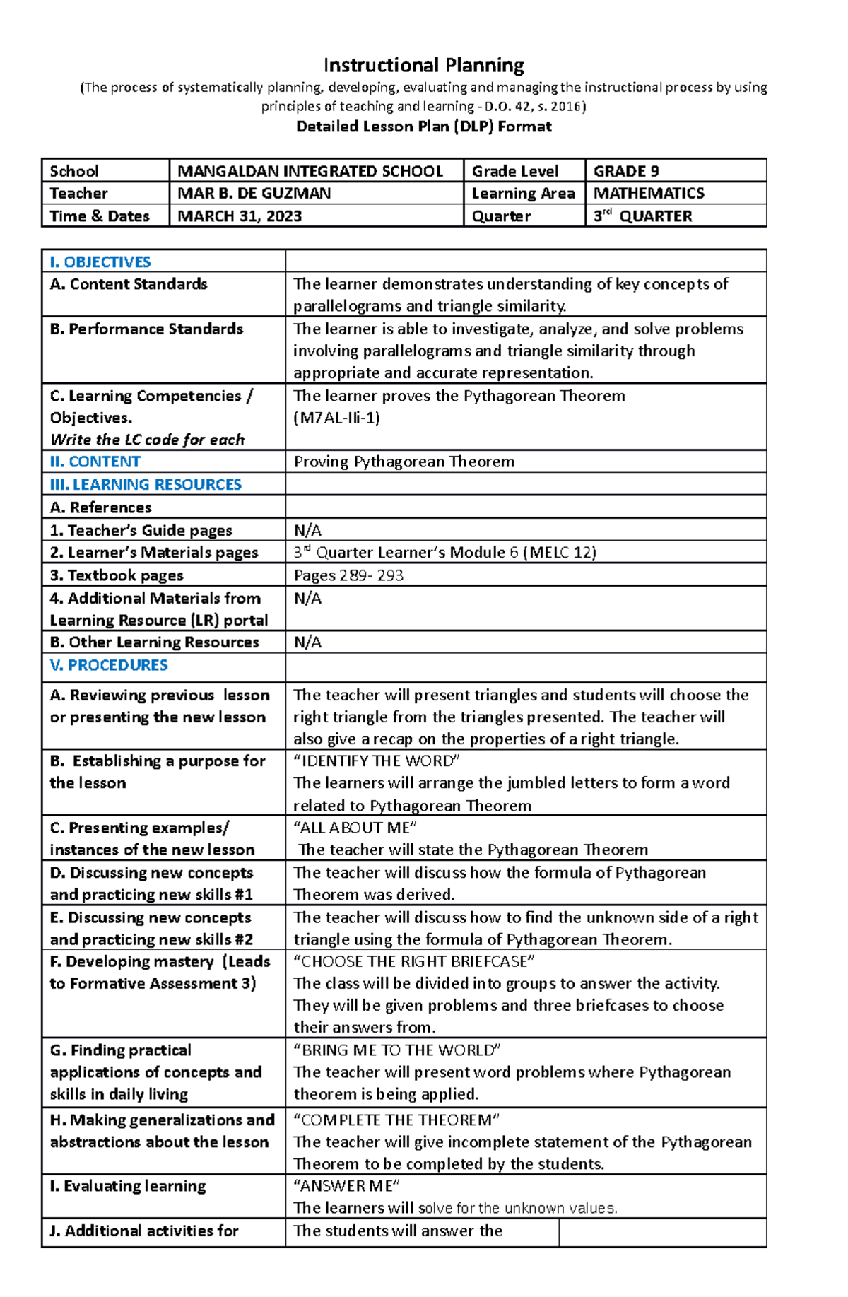 DLP CO1 pythagorean - Instructional Planning (The process of ...