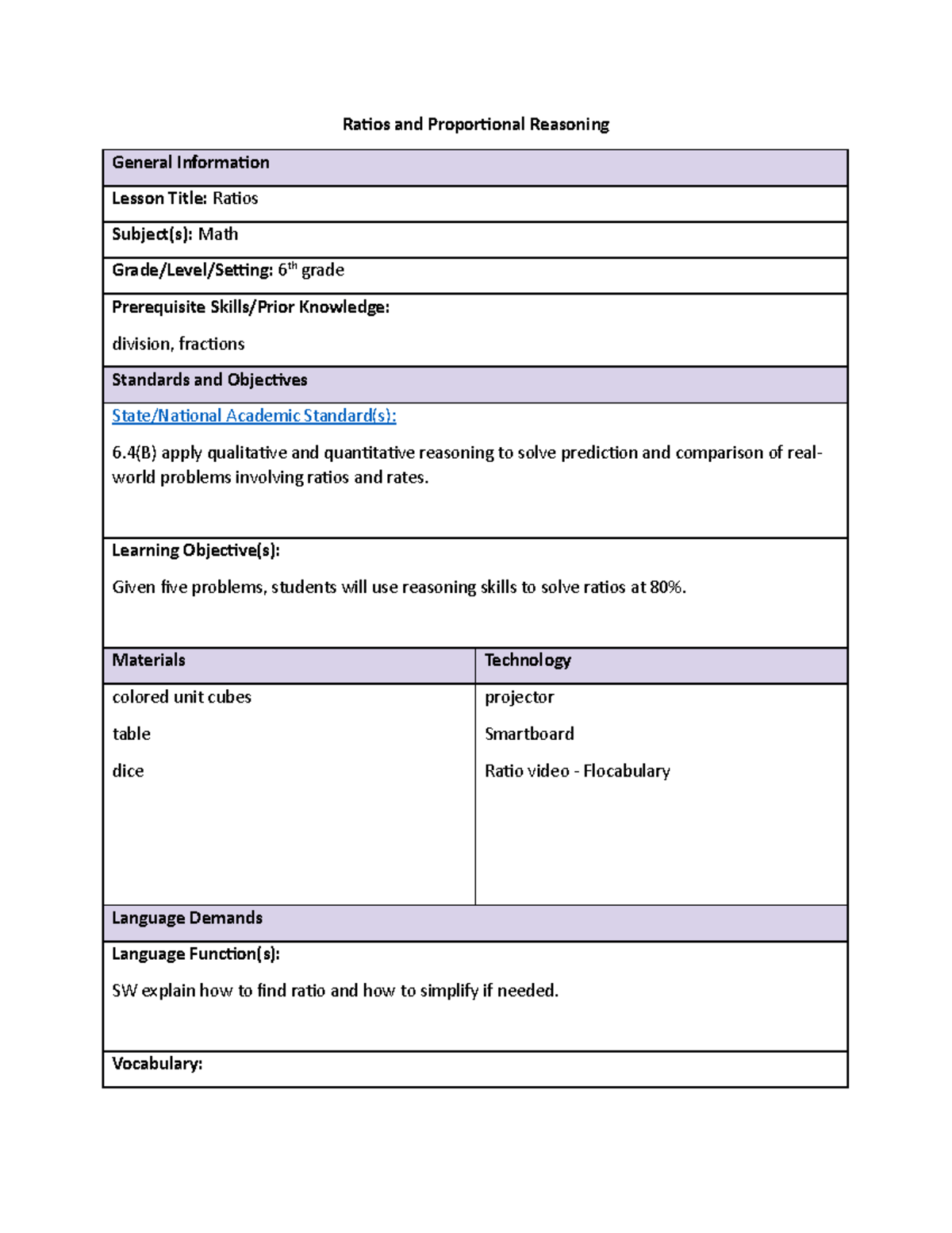 Ratios and Proportional Reasoning Lesson - Ratios and Proportional ...