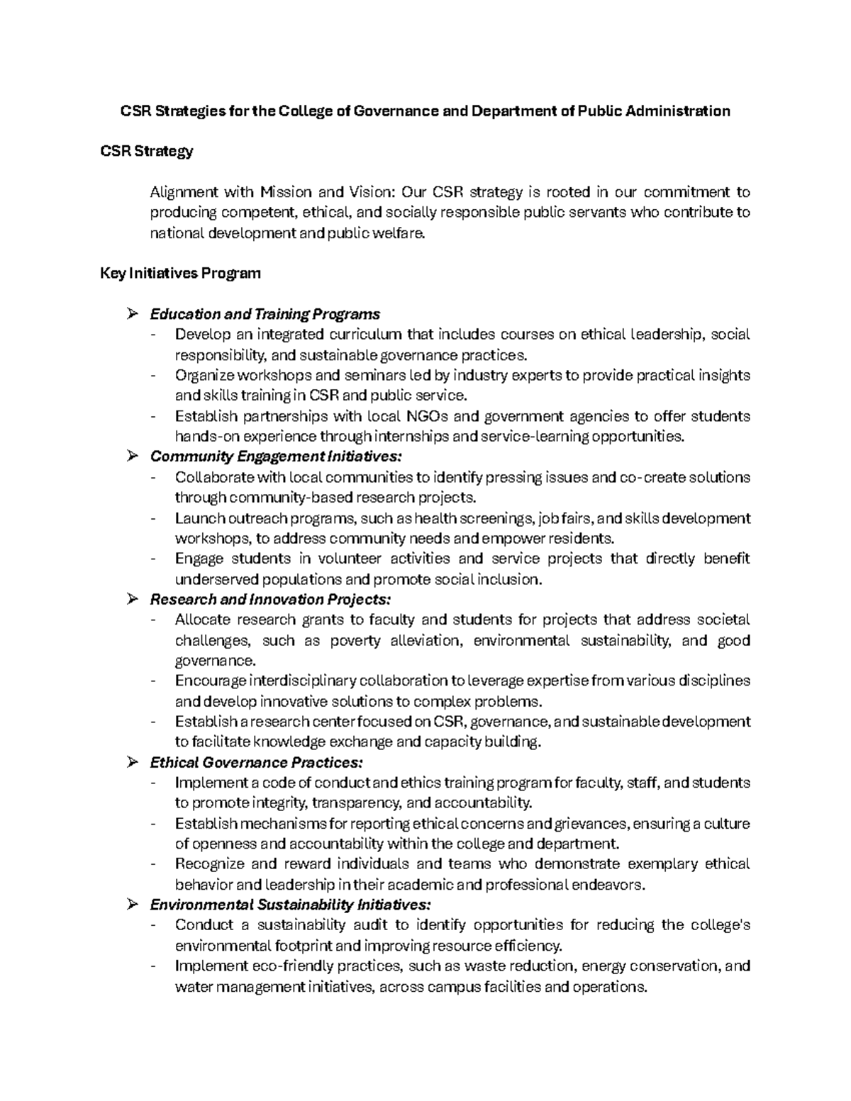 CSR Strategies for the College of Governance and Department of Public ...