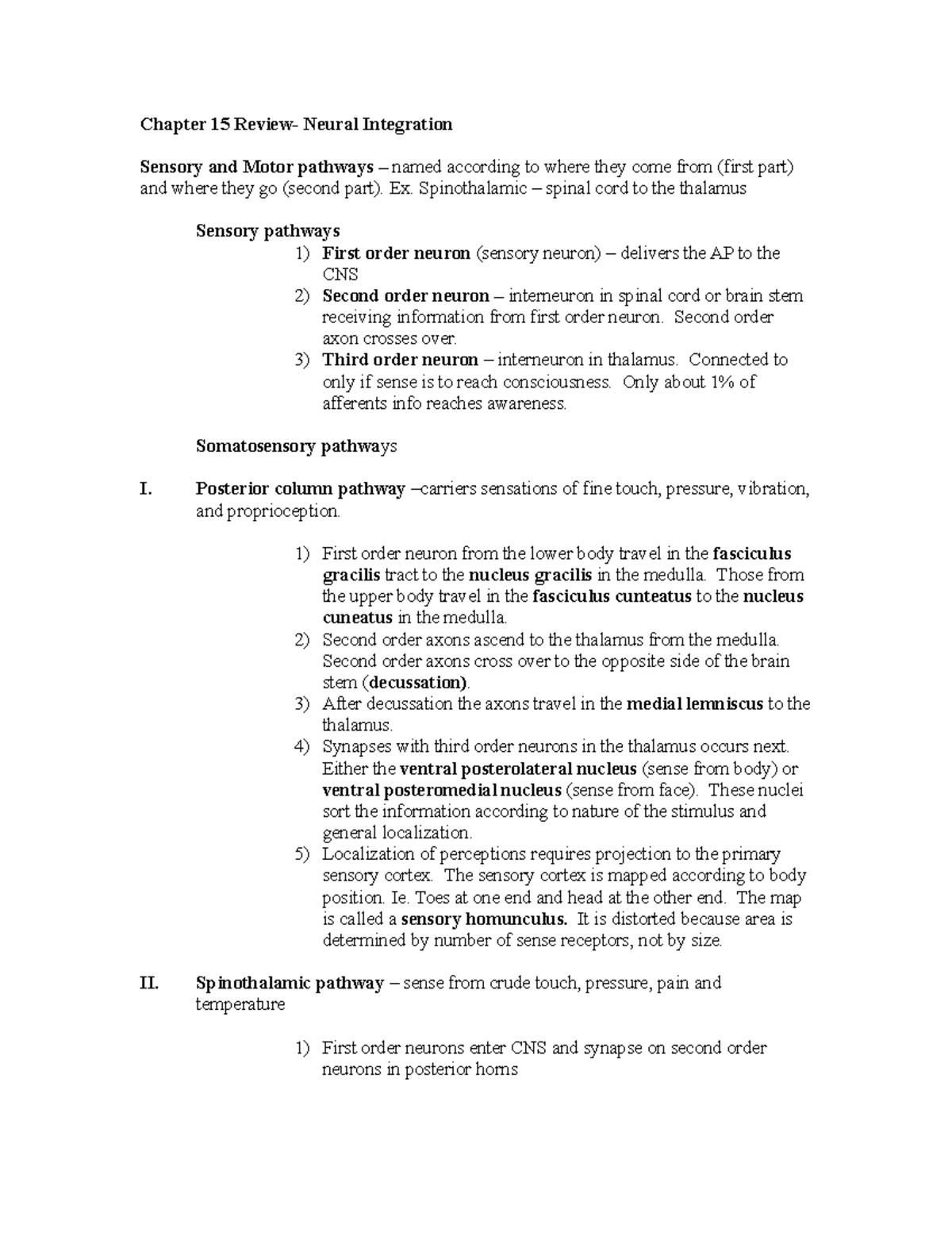 Chapter 15 somatic sensory & motor pathways Review - Chapter 15 Review ...
