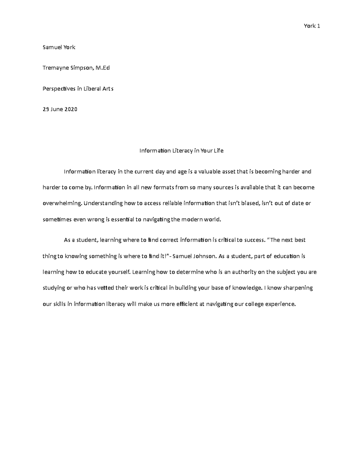 Liberal Arts Mod 1 Assignment Information Literacy in Your Life - York ...