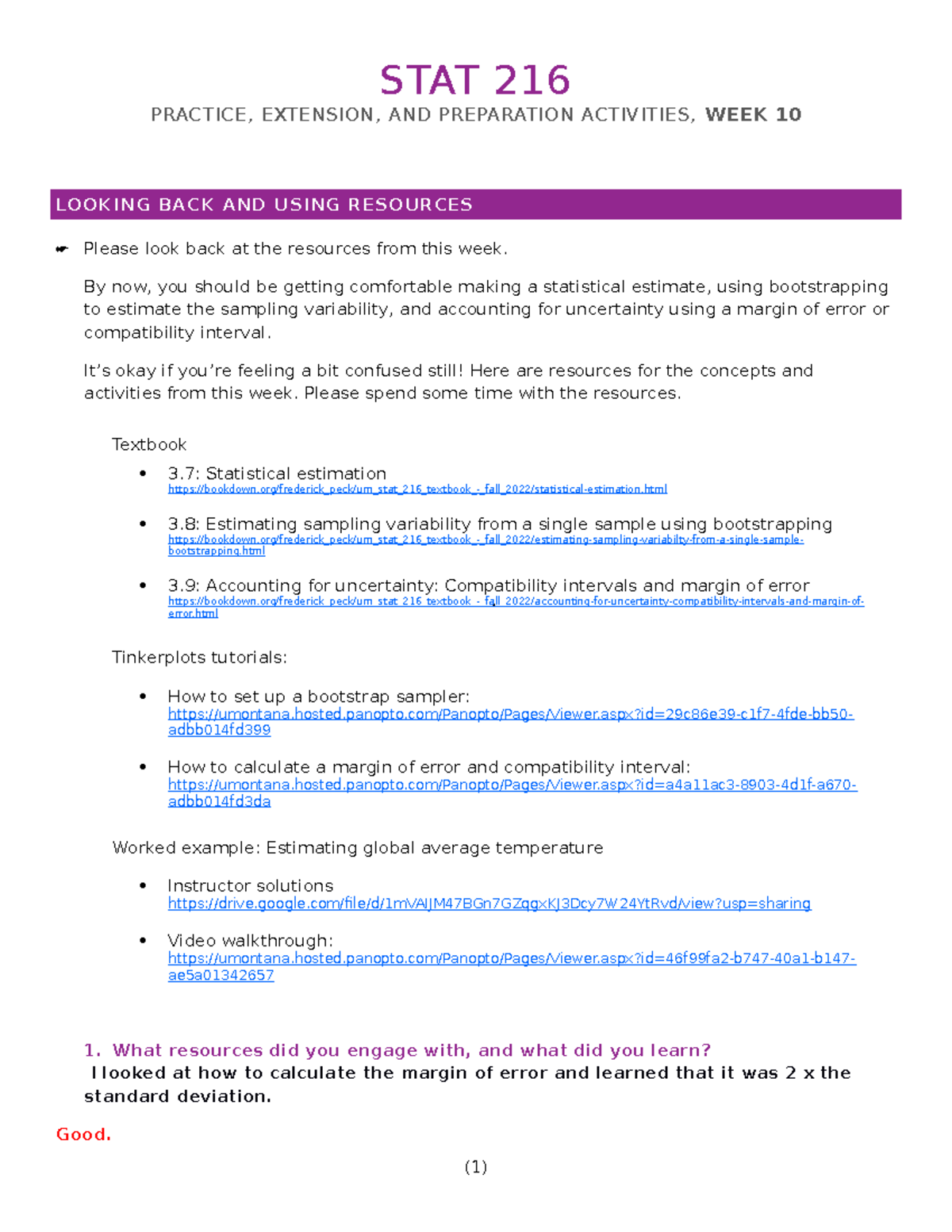 Week 10 - Practice, extension, and preparation activities - STAT 216 ...