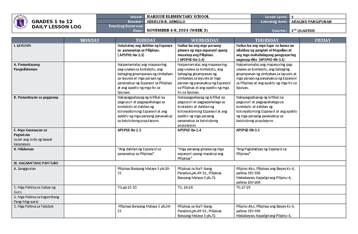 DLL Araling Panlipunan 5 Q2 W3 - GRADES 1 to 12 DAILY LESSON LOG School: HARIGUE ELEMENTARY ...