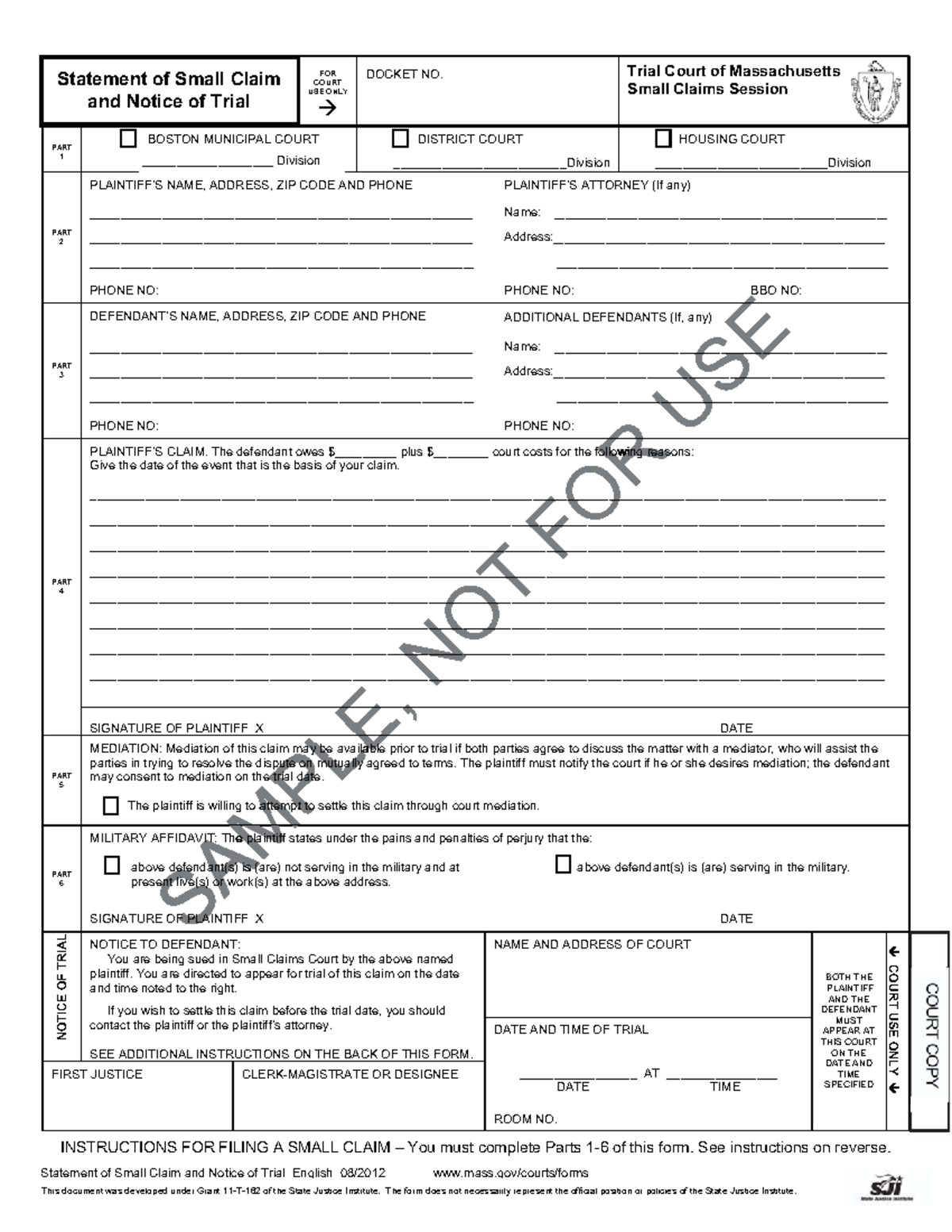 Small claim notice of trial - NOTICE OF TRIAL FOR COURT USE ONLY DOCKET ...