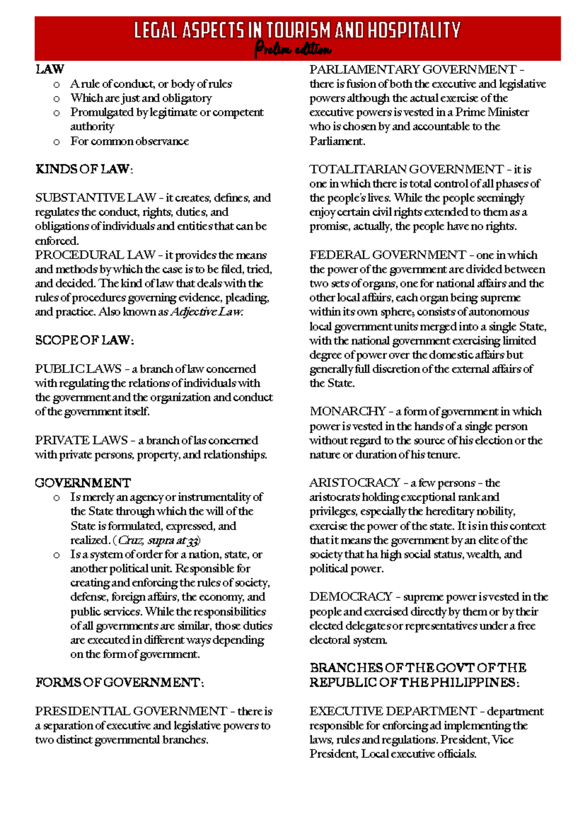 Legal Aspect [ Notes] - Not doneee - LAW o A rule of conduct, or body ...