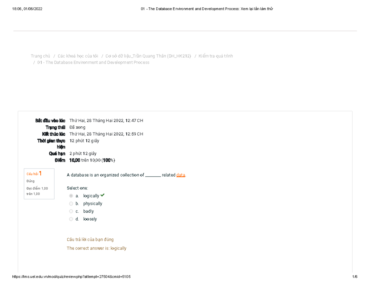 01 - The Database Environment and Development Process Xem lại lần làm ...